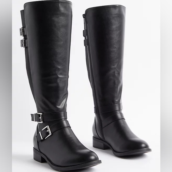 torrid | Shoes | Torrid Black Faux Leather Buckle Knee High Boots 7w ...